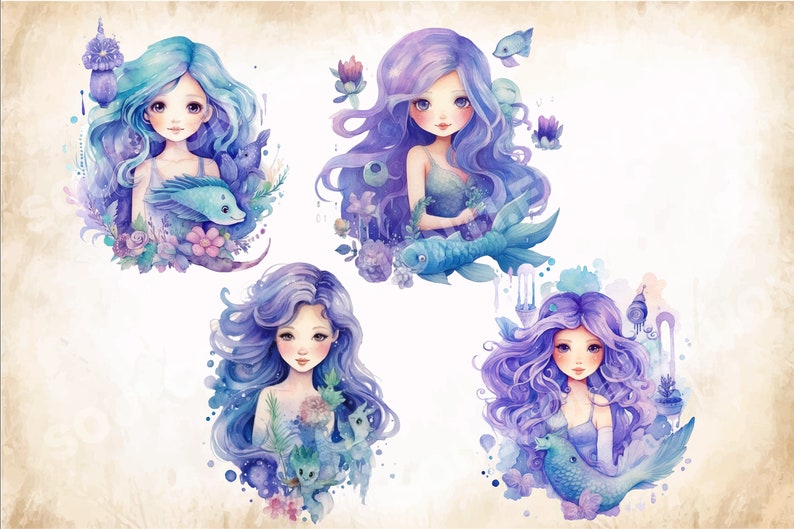 Watercolor Cute Mermaid Clipart Mermaid PNG Bundle Under the - Etsy