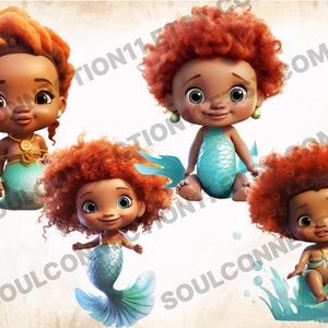 Cute Black Baby Mermaid's PNG Clipart Bundle, African Mermaid PNG ...