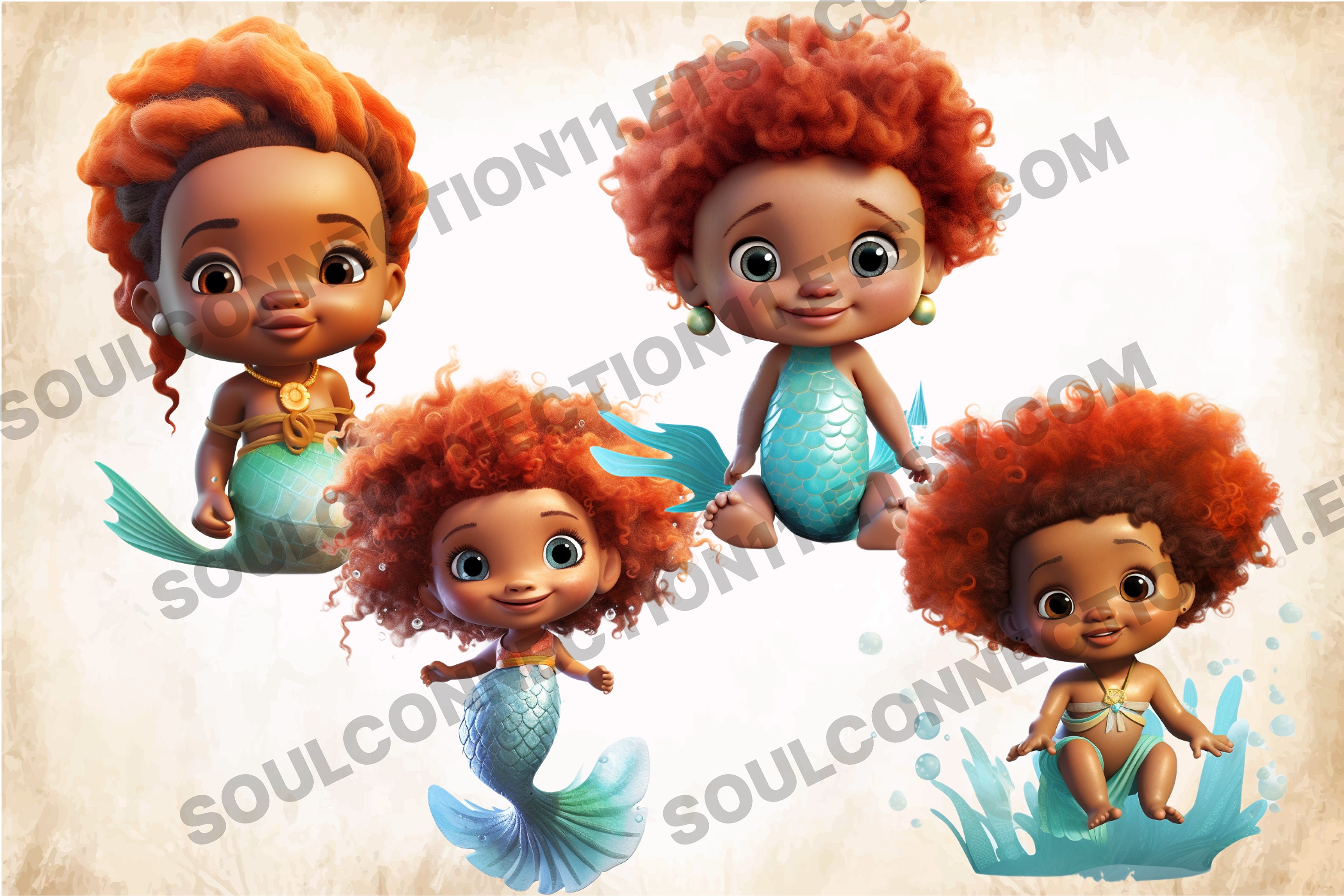 Black Baby Mermaid PNG Clipart Bundle, Under the Sea Designs (12 Images ...