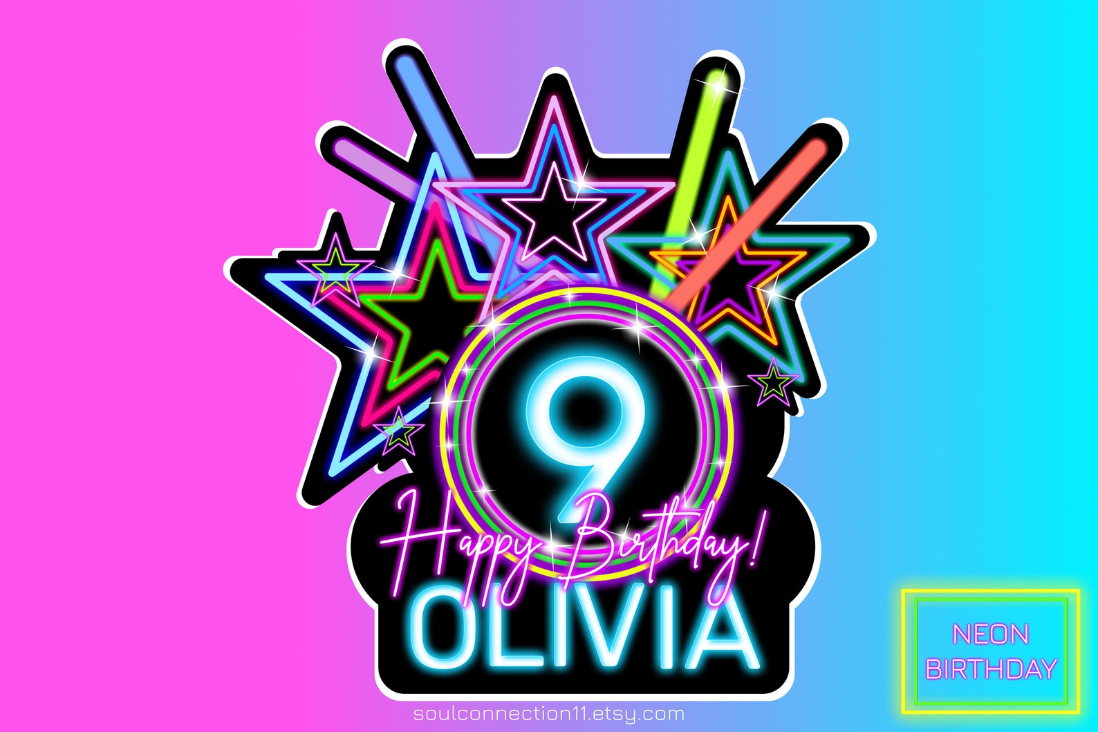 Printable NEON Cake Topper, Neon Glow Birthday Cupcake Topper ...