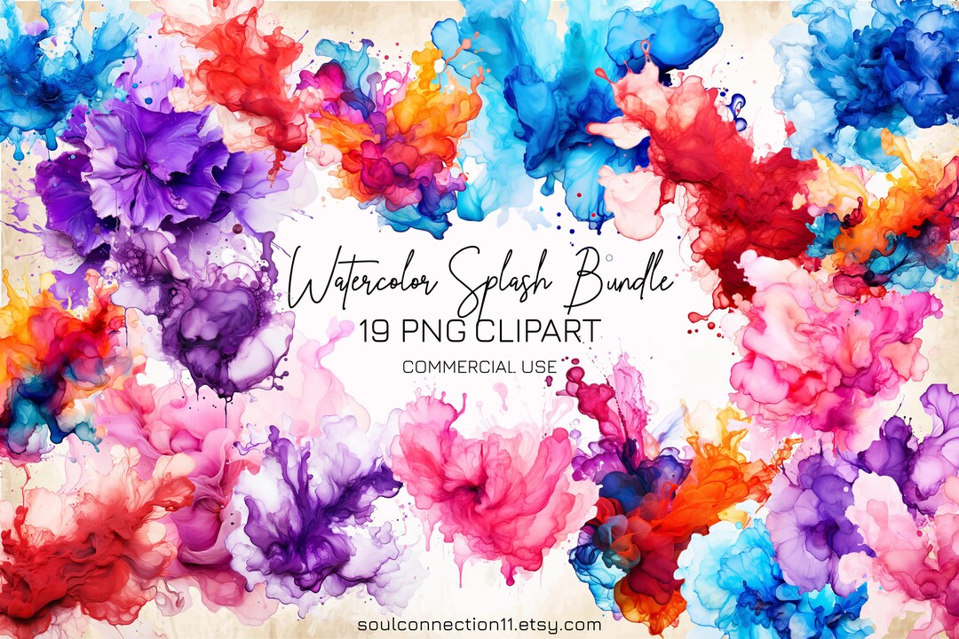 Vibrant Watercolor Splashes PNG Bundle, Colorful Ink Splash Clipart ...