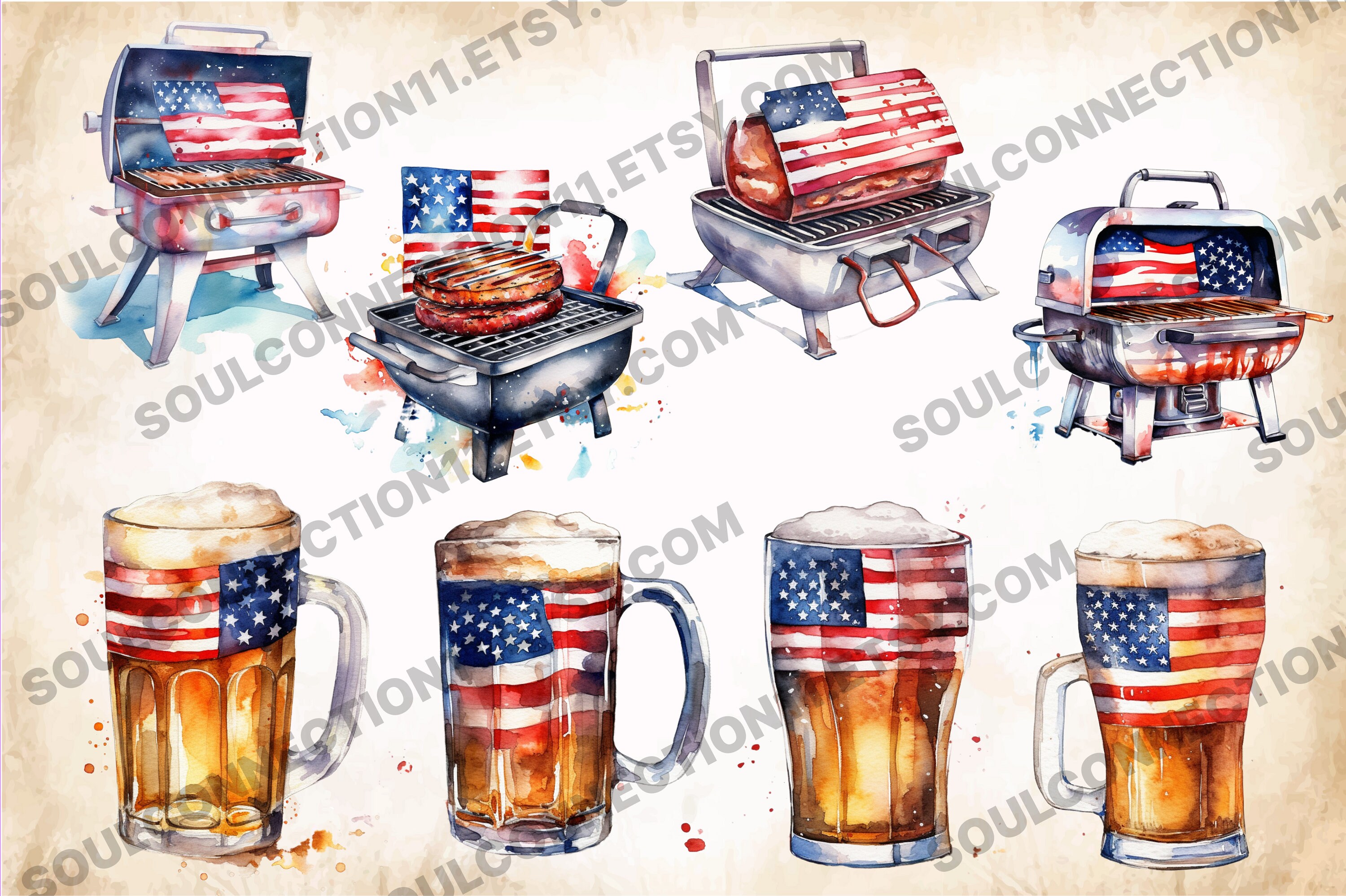 Watercolor USA Patriotic PNG Clipart Bundle Commercial Use - Etsy