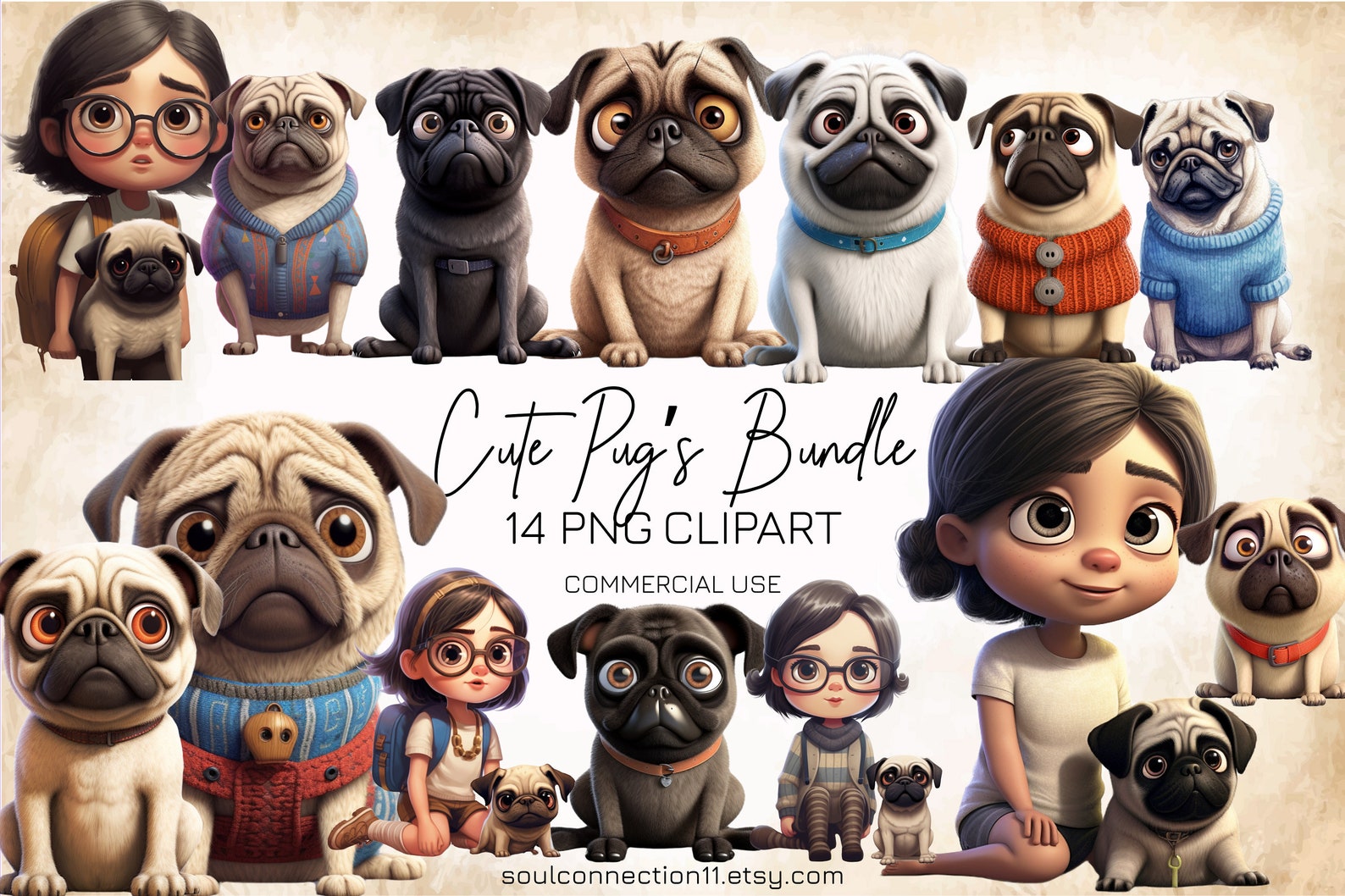 Cute Pug Clipart Pug PNG Bundle Cartoon Pug's Printable - Etsy