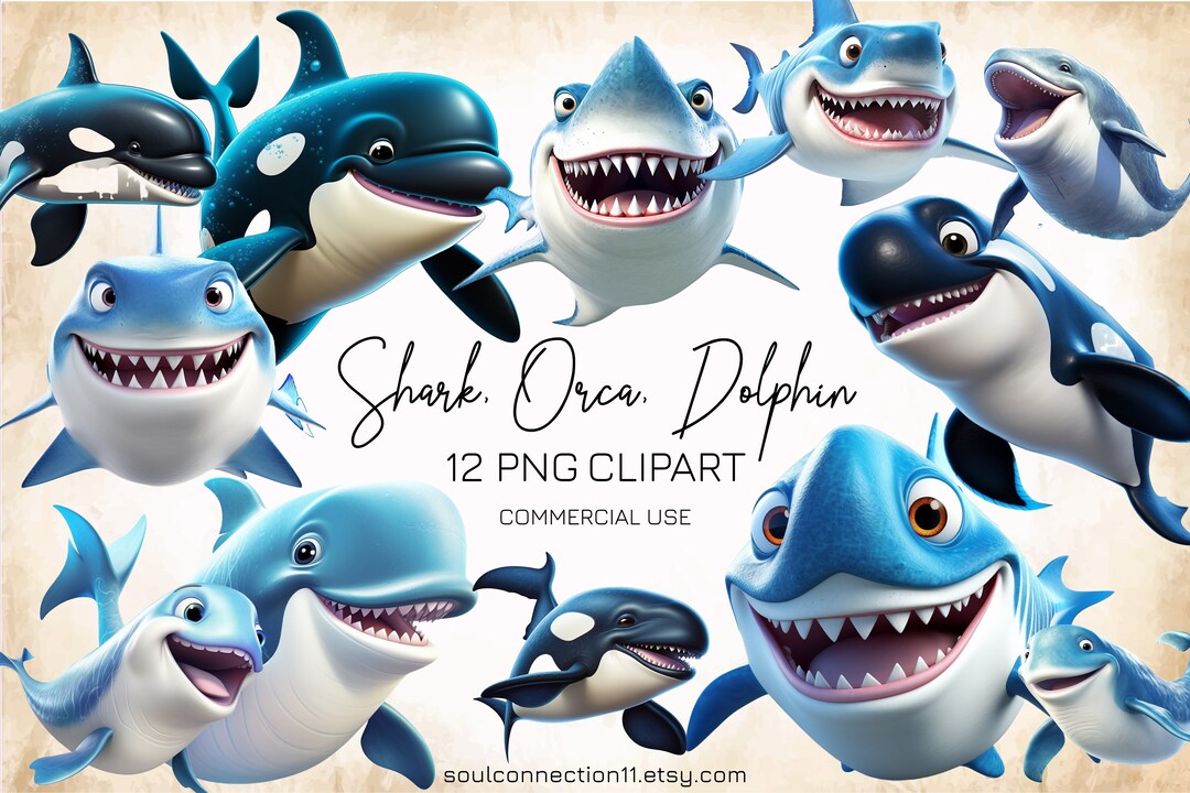 Shark, Orca, Dolphin Clipart Bundle, Sea Animals PNG (digital Download ...