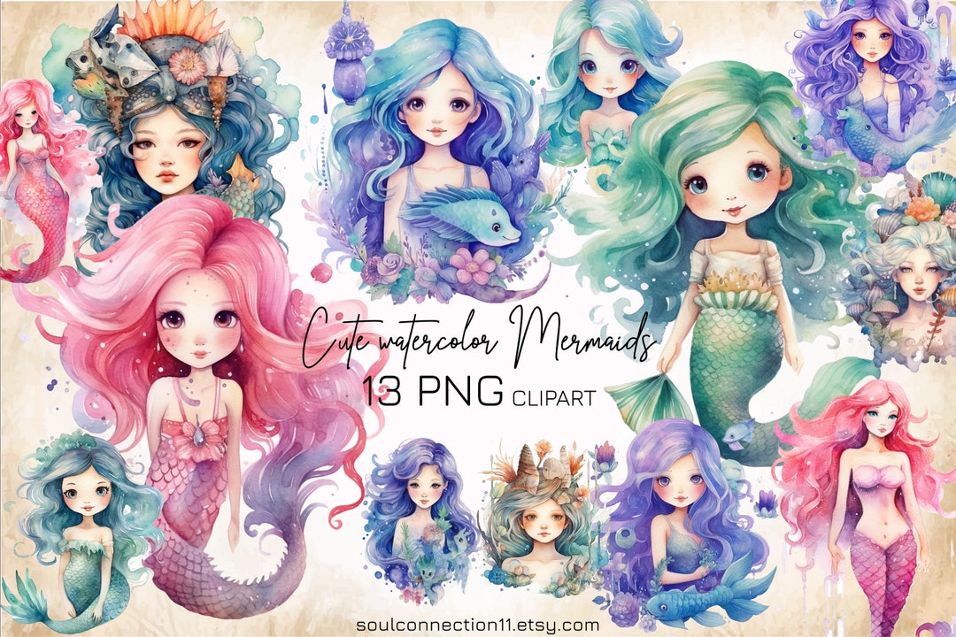 Watercolor Cute Mermaid Clipart, Mermaid PNG Bundle, Under the Sea ...