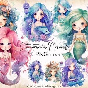 Watercolor Cute Mermaid Clipart, Mermaid PNG Bundle, Under the Sea ...