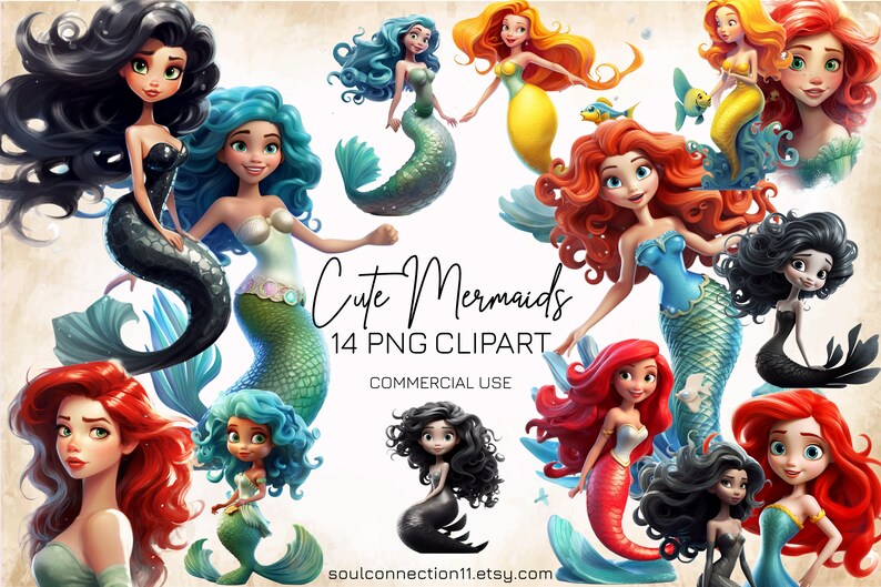 Cute Mermaids PNG Clipart Little Mermaid PNG Bundle - Etsy