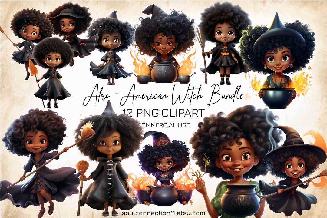 Afro-american Witch PNG Clipart, Cute Modern Witch Clipart Bundle ...