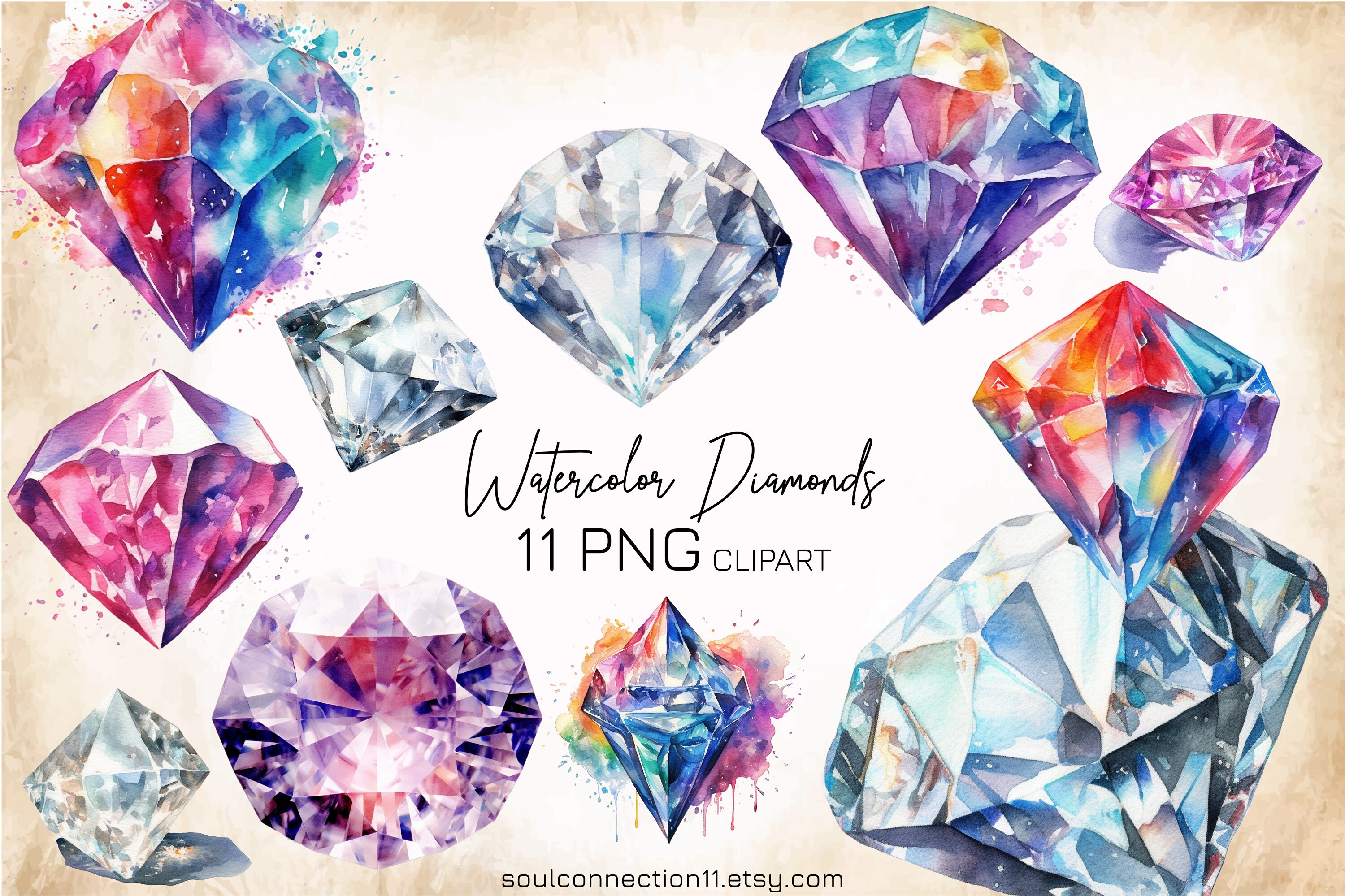 Watercolor Diamonds Clipart PNG Colorful Diamond Bundle - Etsy