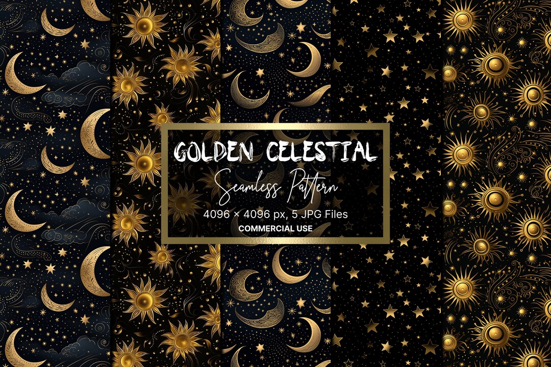 Celestial Seamless Patterns, Black & Gold Sun, Moon, Star Digital Paper ...