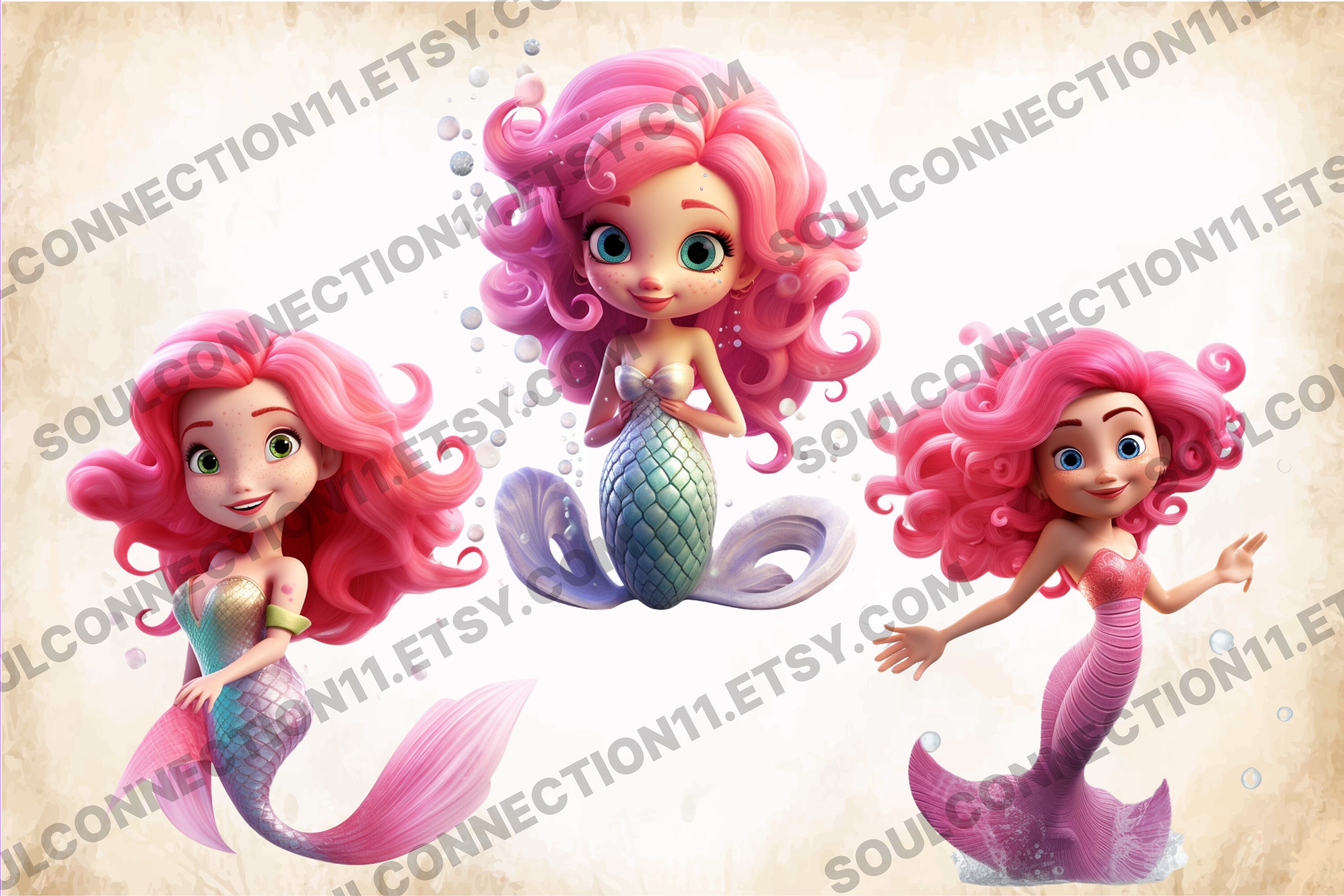 Cute Pink Mermaids PNG Clipart Little Mermaid Images Bundle - Etsy