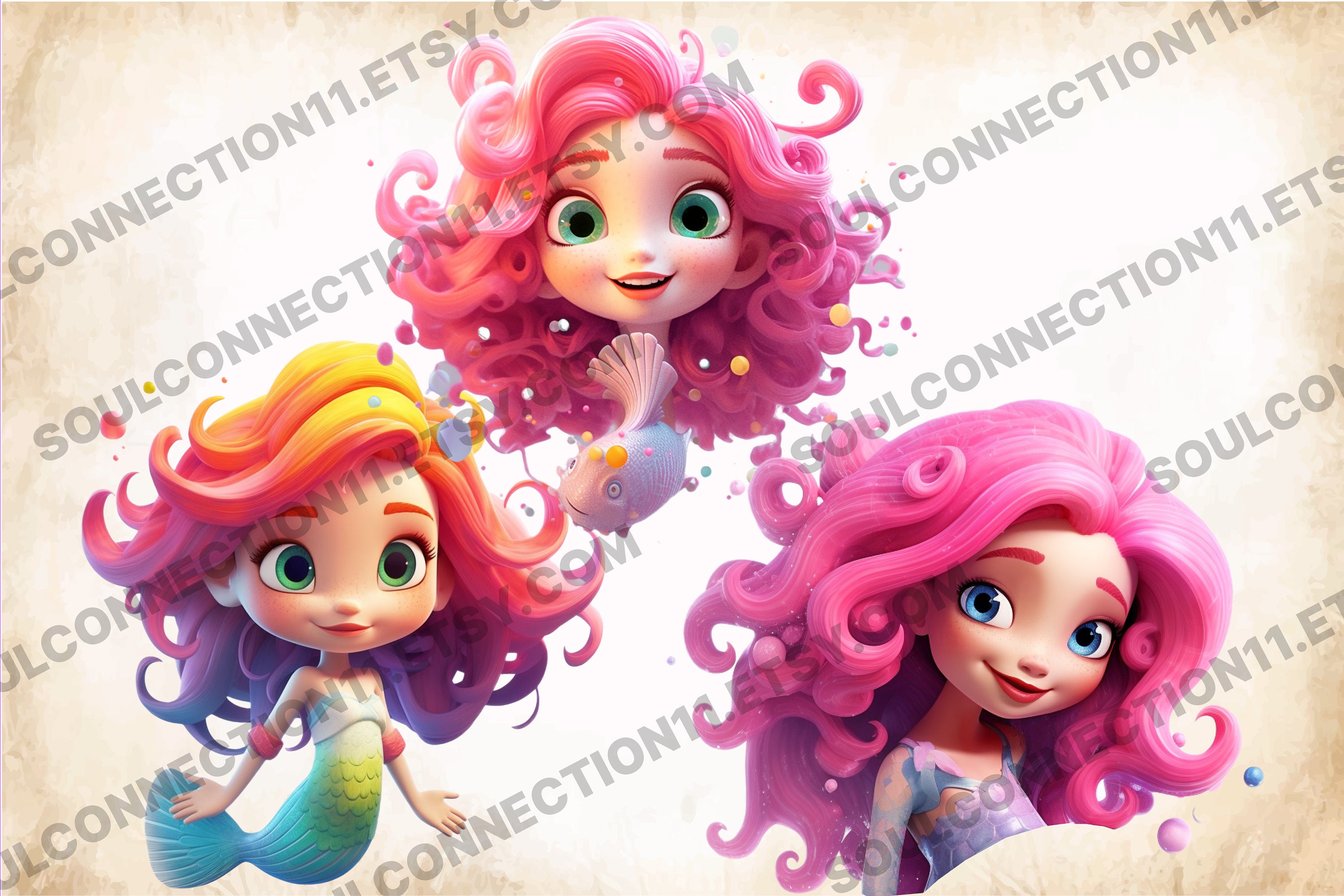 Cute Pink Mermaids PNG Clipart, Little Mermaid Images Bundle ...