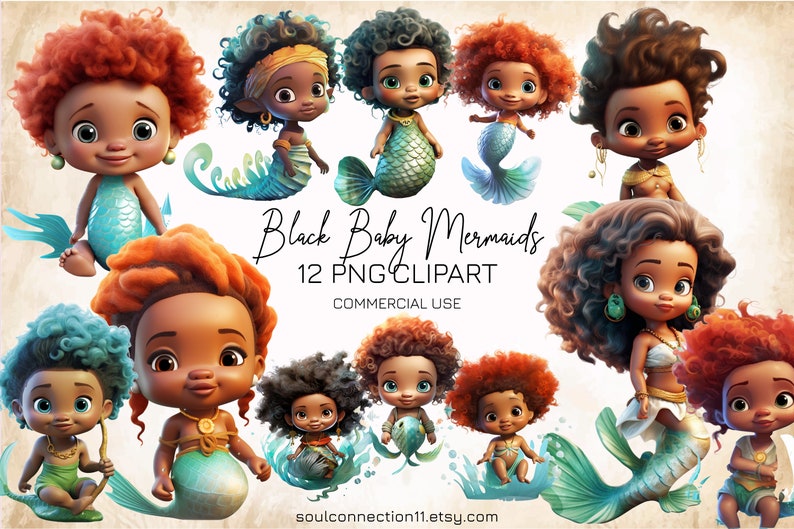 Cute Black Baby Mermaid's PNG Clipart Bundle, African Mermaid PNG ...
