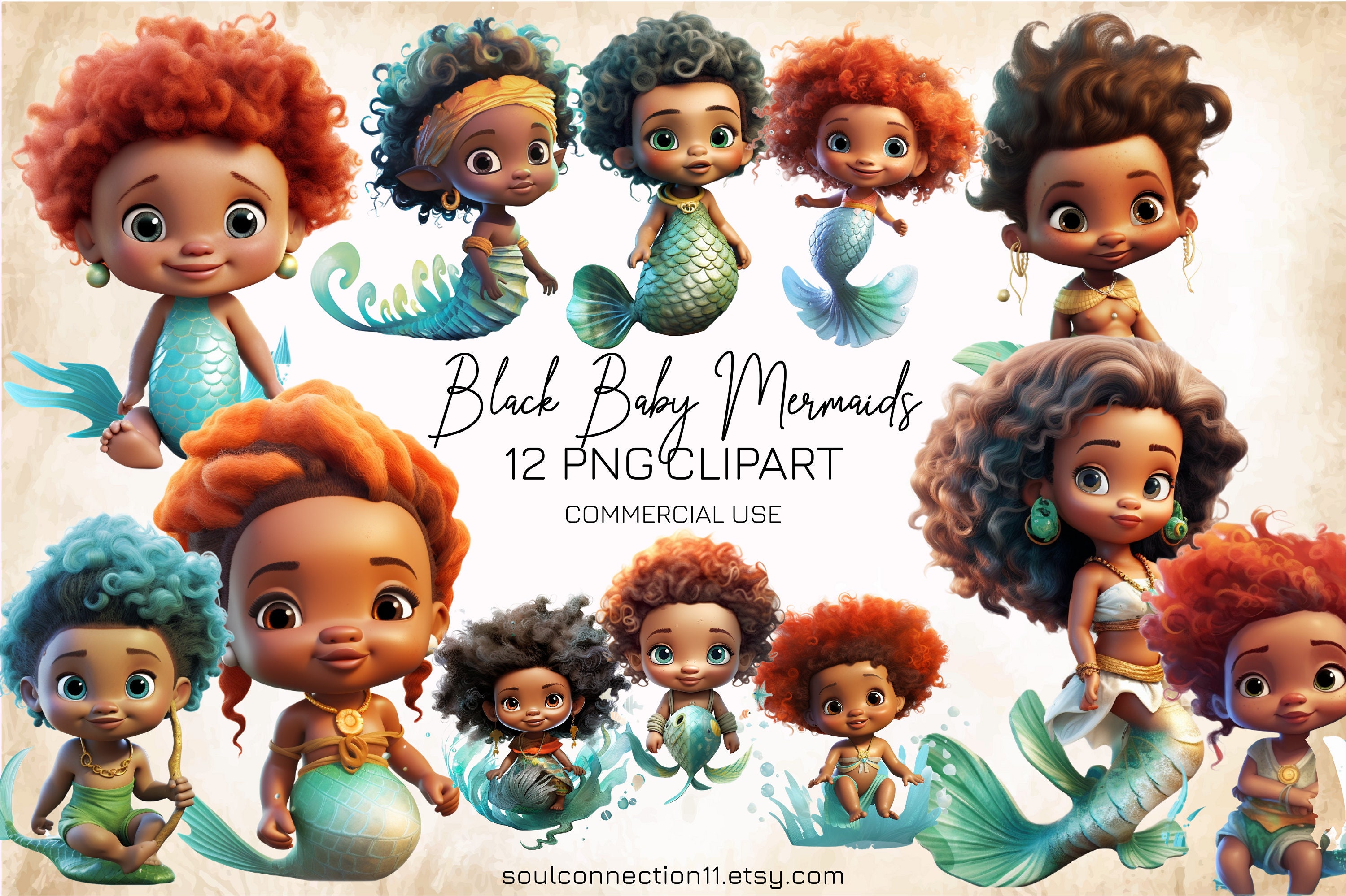 Cute Black Baby Mermaid's PNG Clipart Bundle, African Mermaid PNG ...