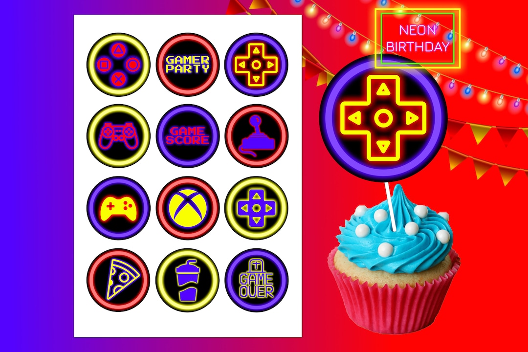 12 Printable Gamer NEON Cupcake Toppers, Video Game Party Neon Cupcake ...