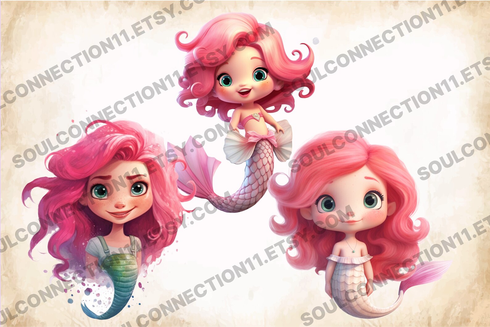 Cute Pink Mermaids PNG Clipart Little Mermaid Images Bundle - Etsy