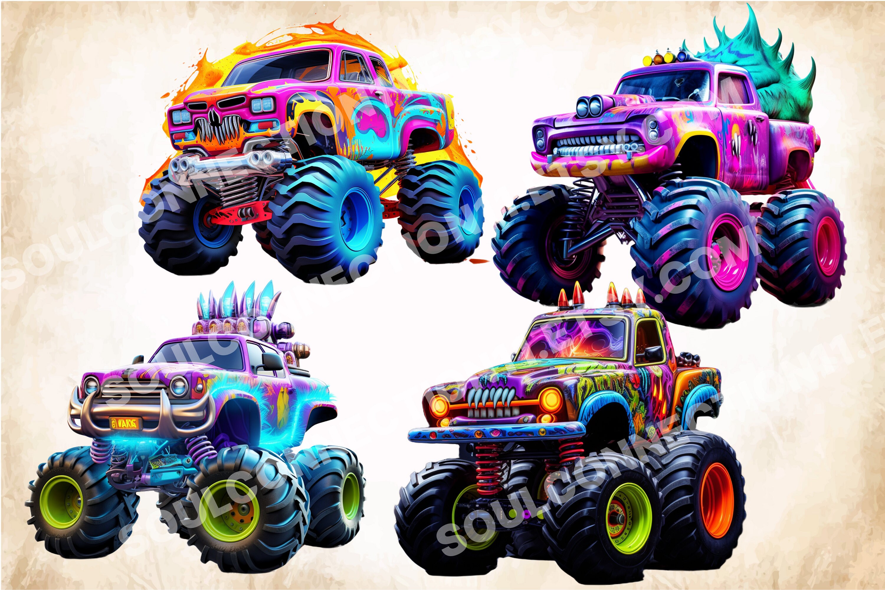 Neon Monster Truck PNG Clipart Bundle Neon Cars Clipart - Etsy