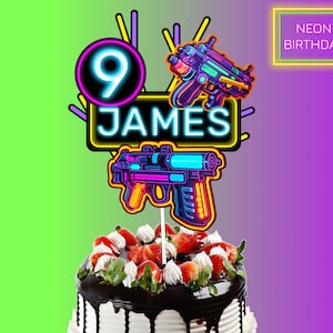 Neon Laser Tag Birthday Cake Topper, Personalized Guns Centerpiece ...