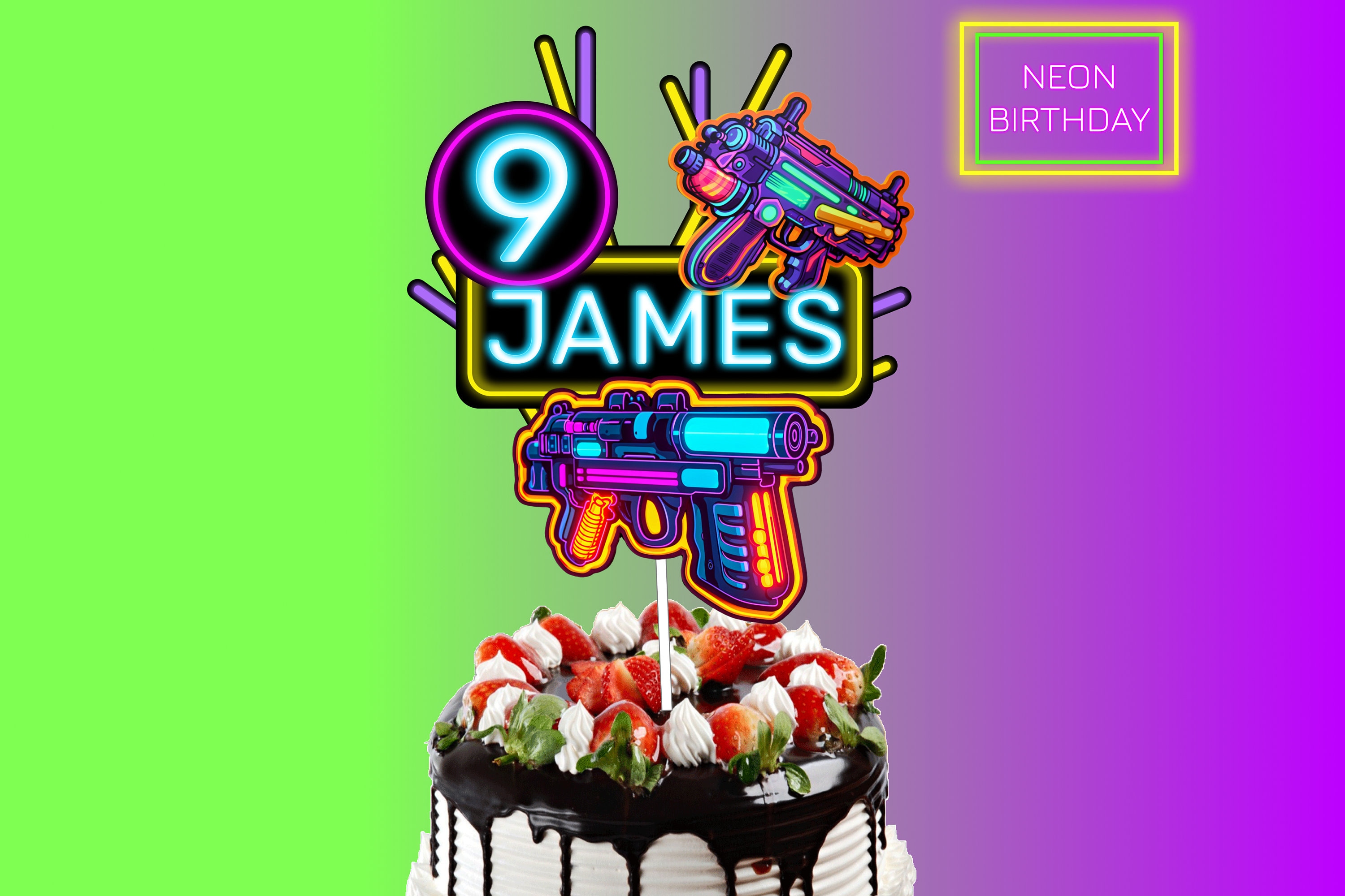 NEON Laser Tag Birthday Cake Topper Personalized Printable - Etsy