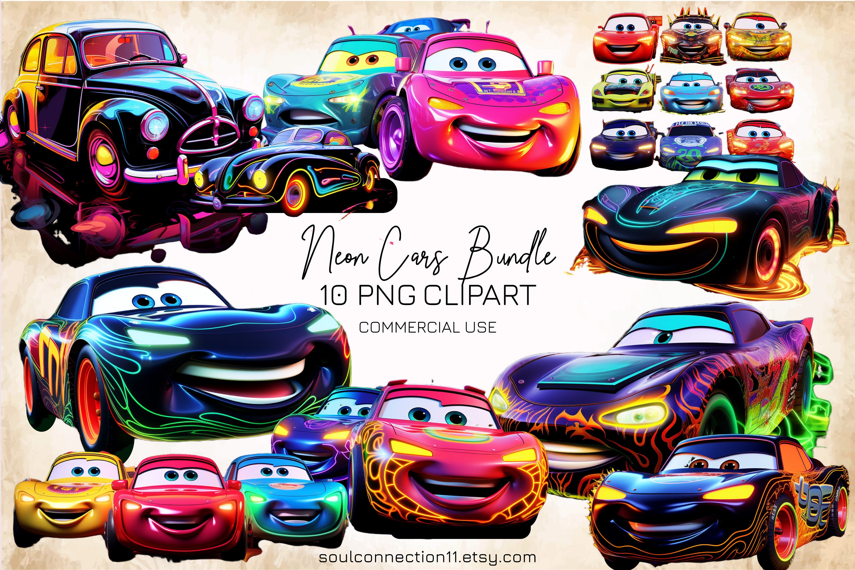 Neon Cars PNG Clipart Bundle Cute Cartoon Racing Cars Images - Etsy