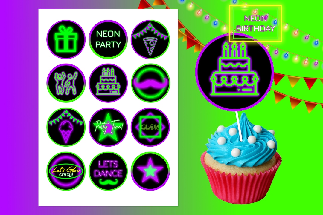 12 Printable Acid NEON Cupcake Toppers, Neon Glow Cake Topper, Neon ...