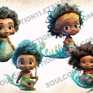 Cute Black Baby Mermaid's PNG Clipart Bundle, African Mermaid PNG ...