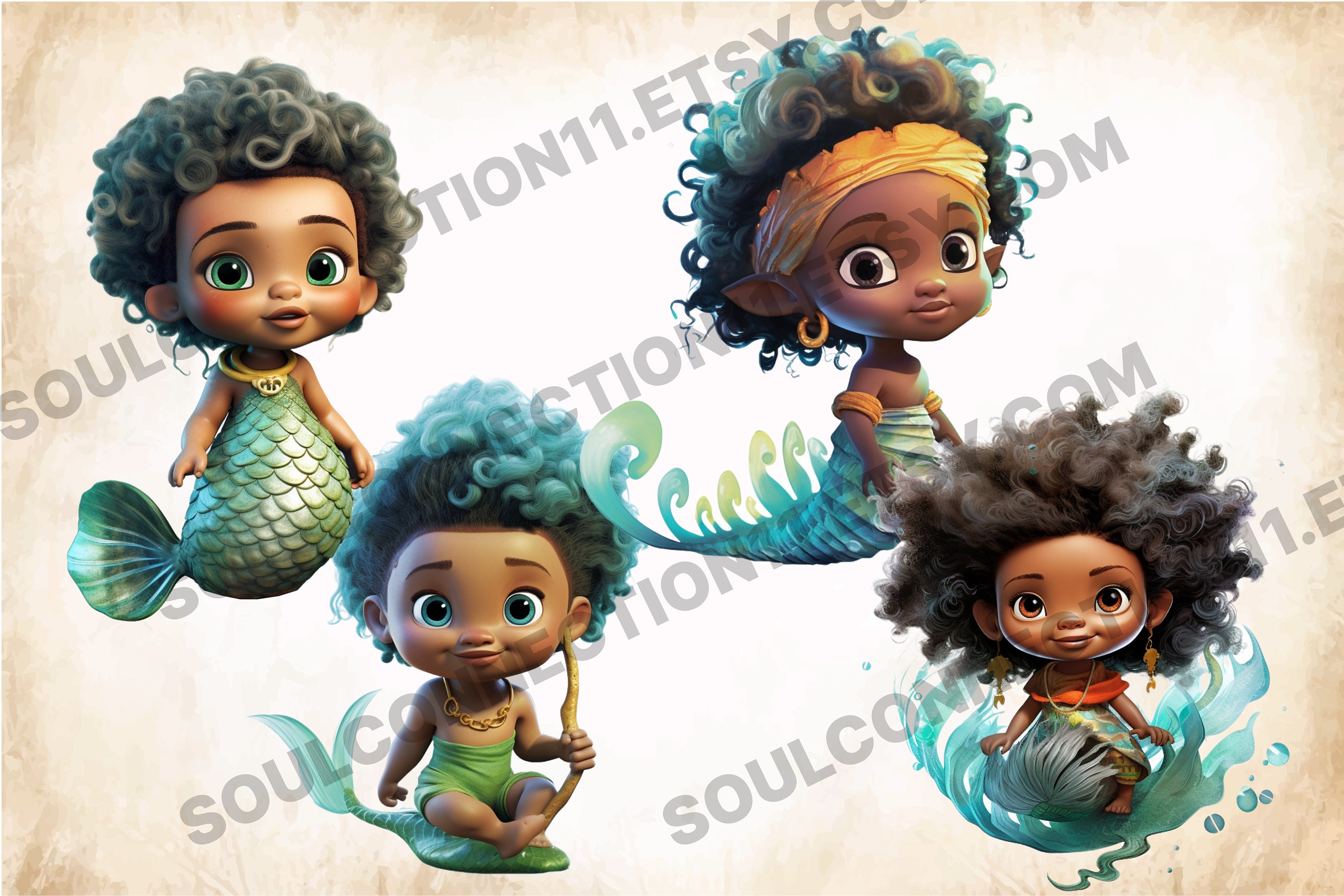 Cute Black Baby Mermaid's PNG Clipart Bundle, African Mermaid PNG ...