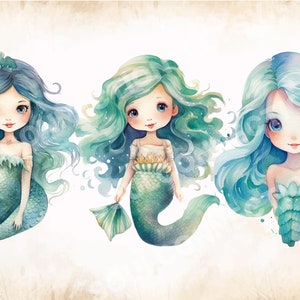 Watercolor Cute Mermaid Clipart, Mermaid PNG Bundle, Under the Sea ...