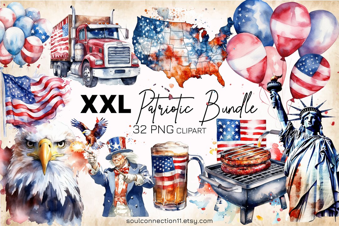 Watercolor USA Patriotic PNG Clipart Bundle, Commercial Use, USA Flag ...