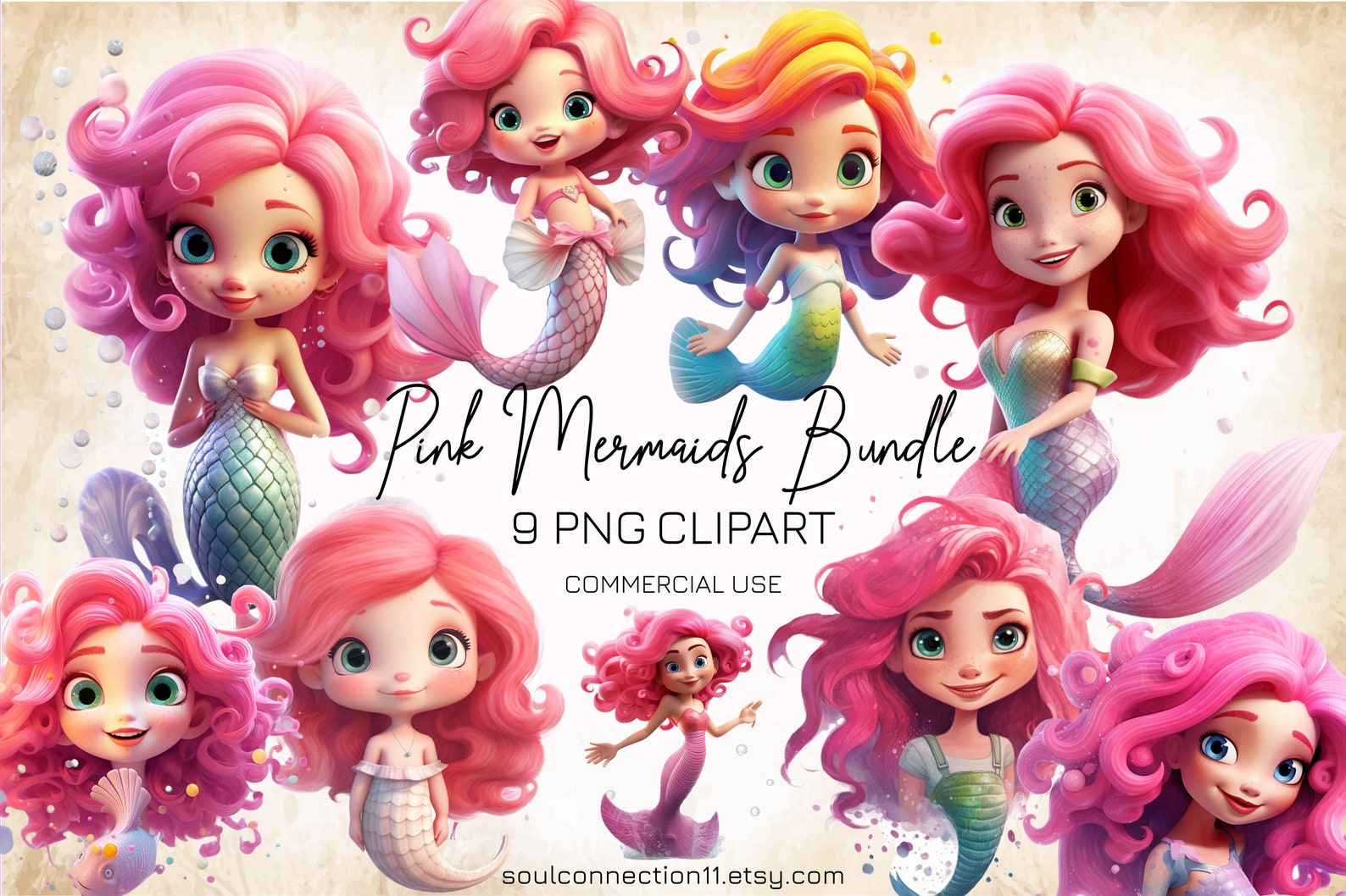 Cute Pink Mermaids PNG Clipart, Little Mermaid Images Bundle ...