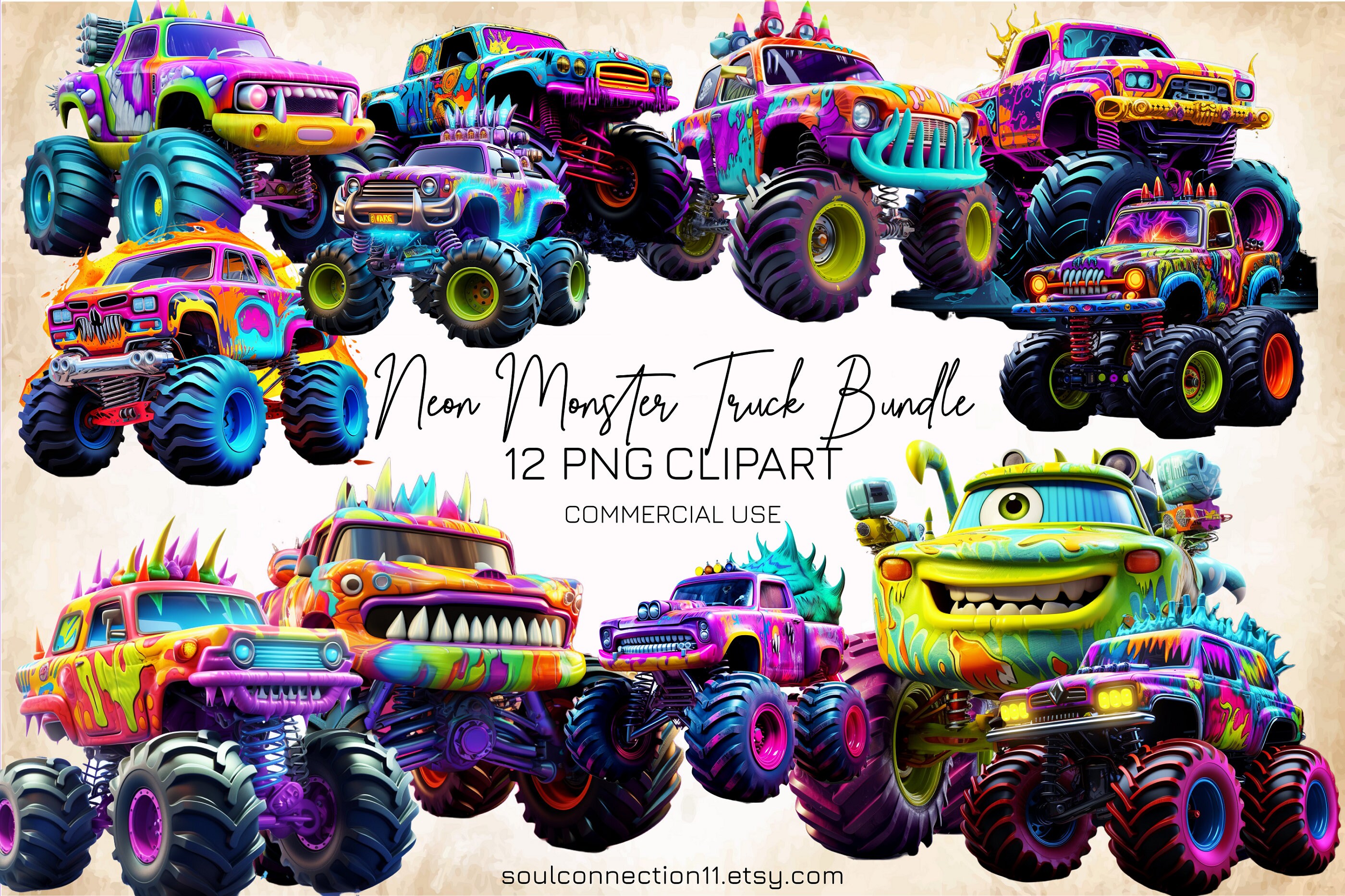 Neon Monster Truck PNG Clipart Bundle Neon Cars Clipart - Etsy