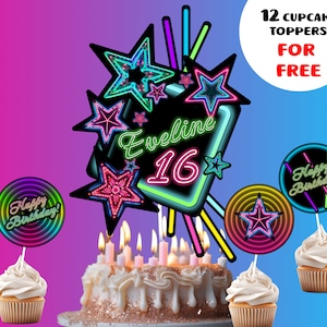Printable NEON Cake Topper, Neon Glow Birthday Cupcake Topper ...
