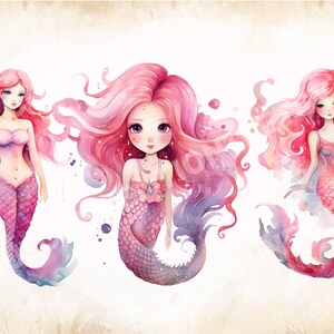 Watercolor Cute Mermaid Clipart, Mermaid PNG Bundle, Under the Sea ...