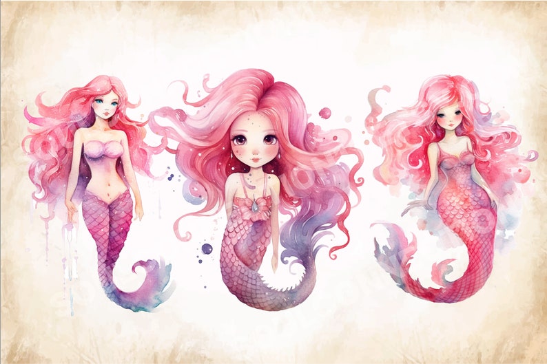 Watercolor Cute Mermaid Clipart Mermaid PNG Bundle Under the - Etsy
