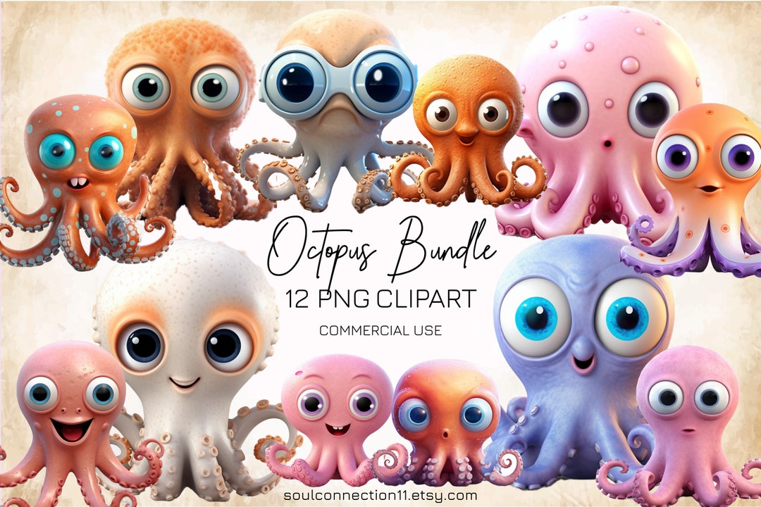 Cute Octopus Clipart PNG Bundle, Under the Sea Clipart, Octopus ...