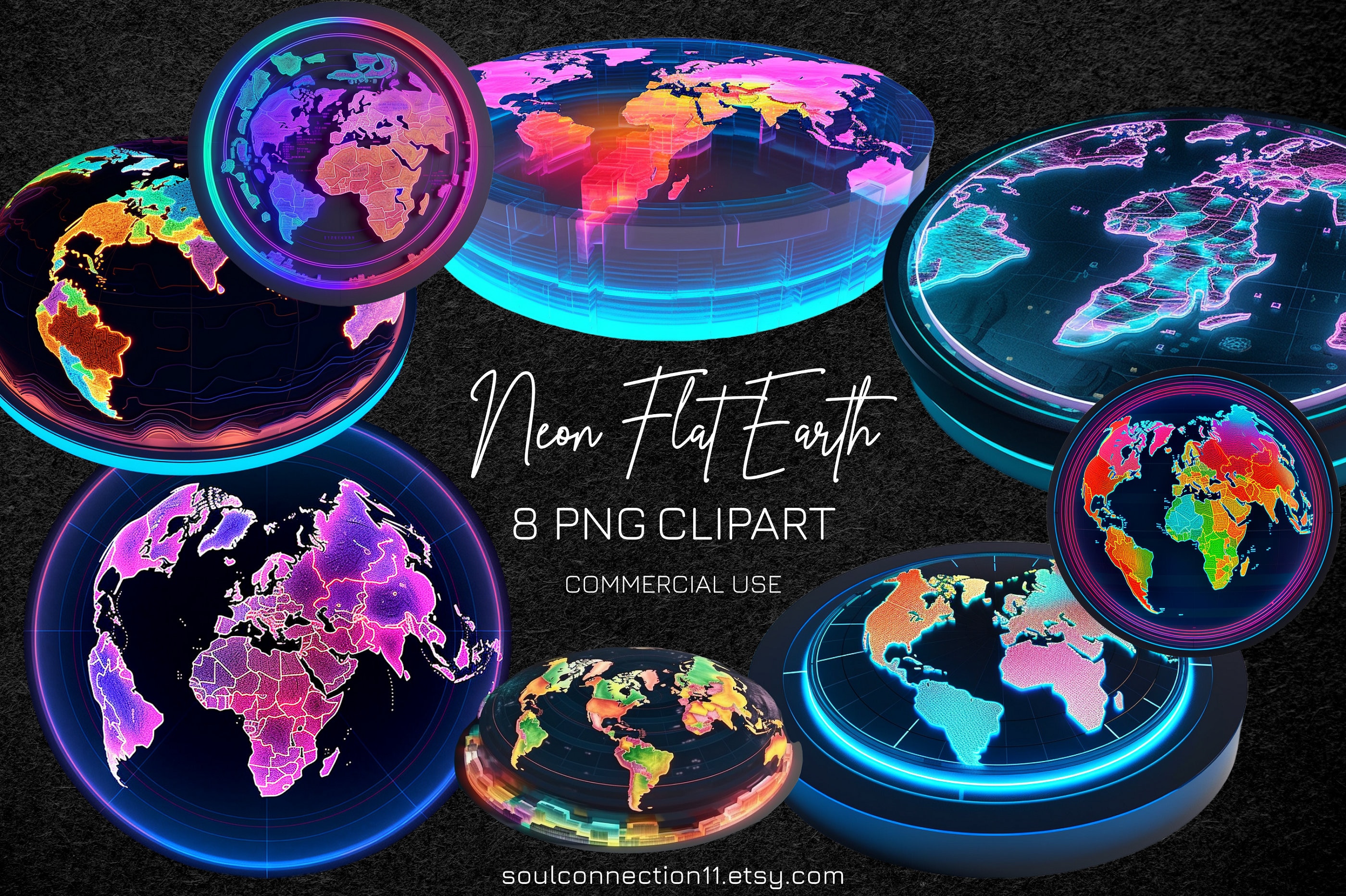 Neon Flat Earth Map PNG Clipart, Printable Sticker, Sublimation Design, World Map Clipart, Neon ...