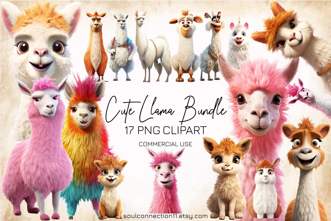 Llama PNG Clipart Bundle, Cute Llama Clipart, Alpaca Clipart ...
