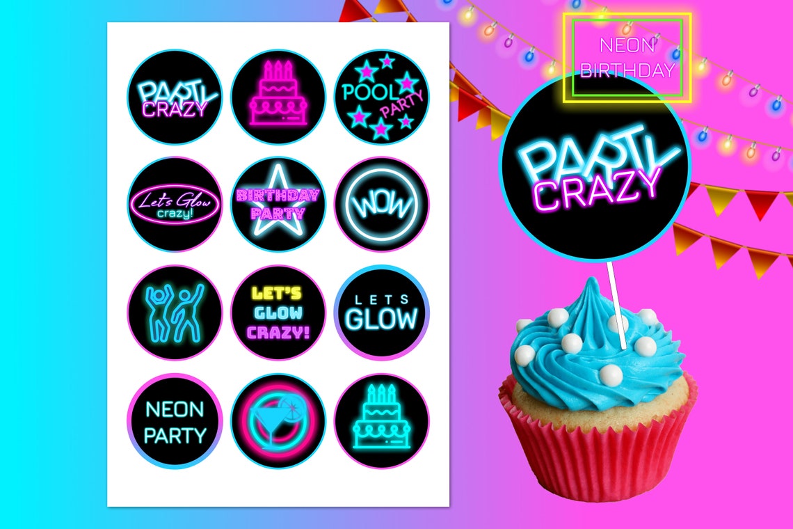 12 Printable NEON Cupcake Toppers Neon Glow Cake Topper Neon - Etsy