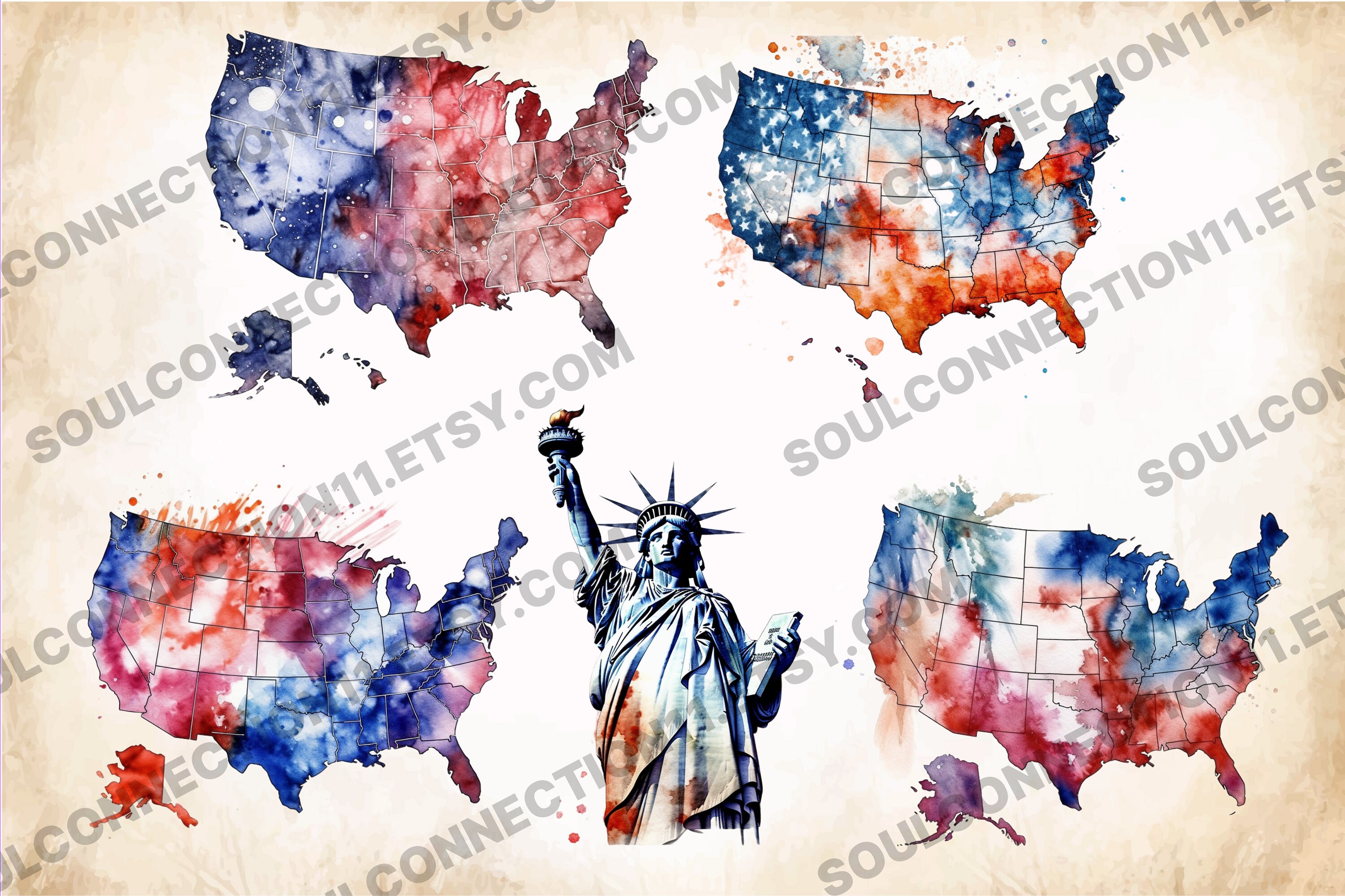 Watercolor USA Patriotic PNG Clipart Bundle Commercial Use - Etsy
