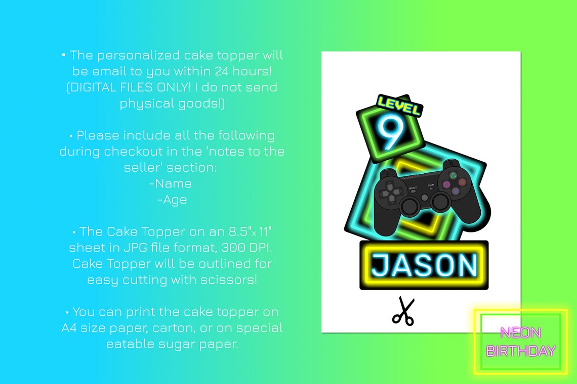 NEON Gamer Cake Topper Printable Playstation Cake Topper - Etsy