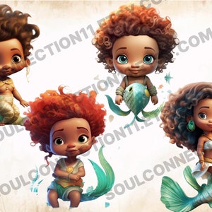 Cute Black Baby Mermaid's PNG Clipart Bundle, African Mermaid PNG ...