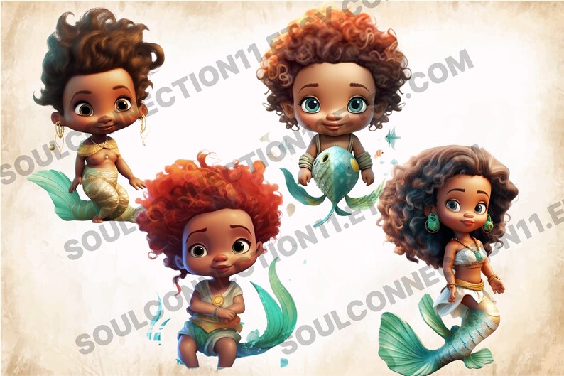 Cute Black Baby Mermaid's PNG Clipart Bundle, African Mermaid PNG ...