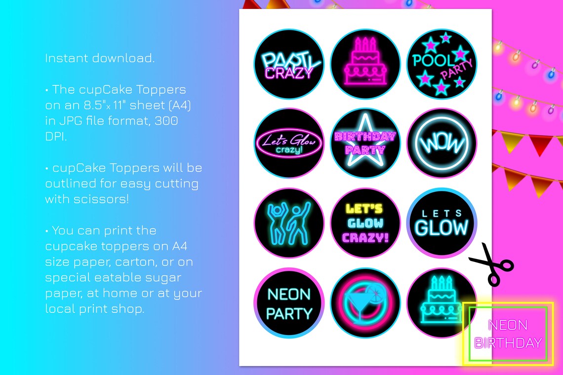 12 Printable NEON Cupcake Toppers Neon Glow Cake Topper Neon - Etsy