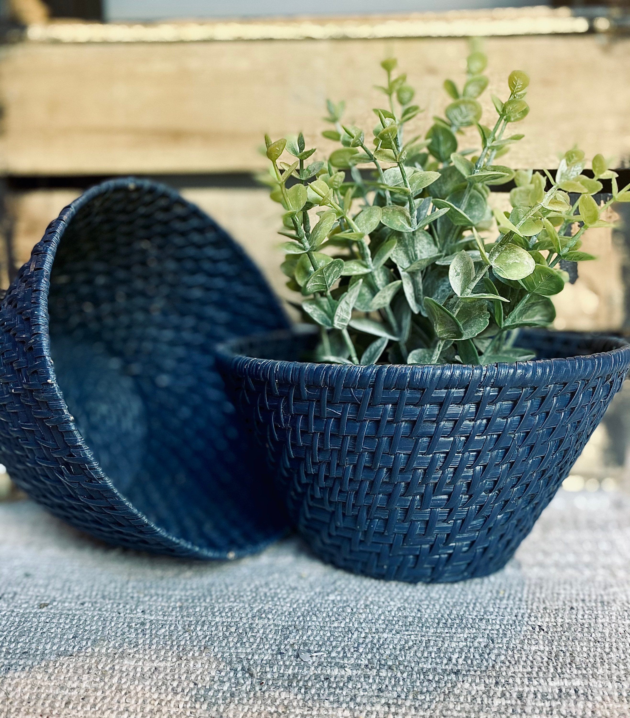Two Vintage Dark Blue Woven Wicker Baskets Vintage Boho | Etsy
