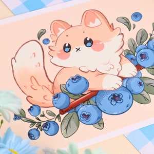 Fluffy Blueberry Cat, Cute Art Print, Kawaii Art Print, Cute Wall Decor ...