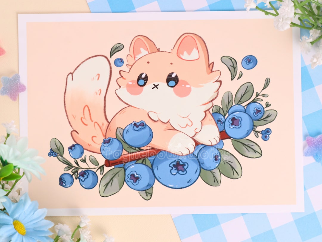Fluffy Blueberry Cat, Cute Art Print, Kawaii Art Print, Cute Wall Decor ...