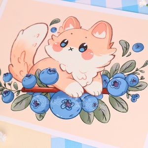 Fluffy Blueberry Cat, Cute Art Print, Kawaii Art Print, Cute Wall Decor ...