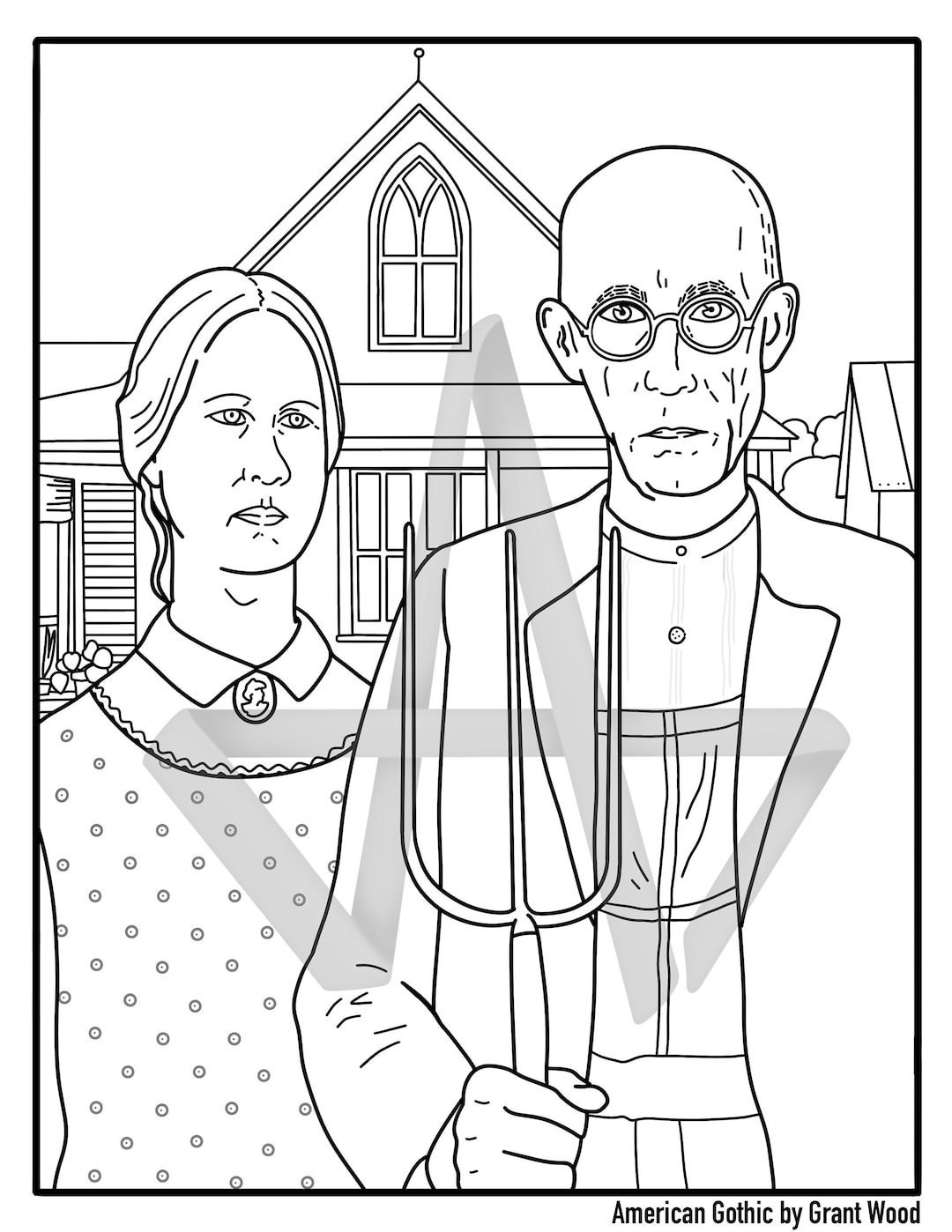 American Gothic by Grant Wood Adult Coloring Page Digital - Etsy