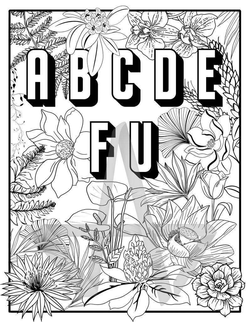 Abcdefu Floral Adult Digital Coloring Page - Etsy