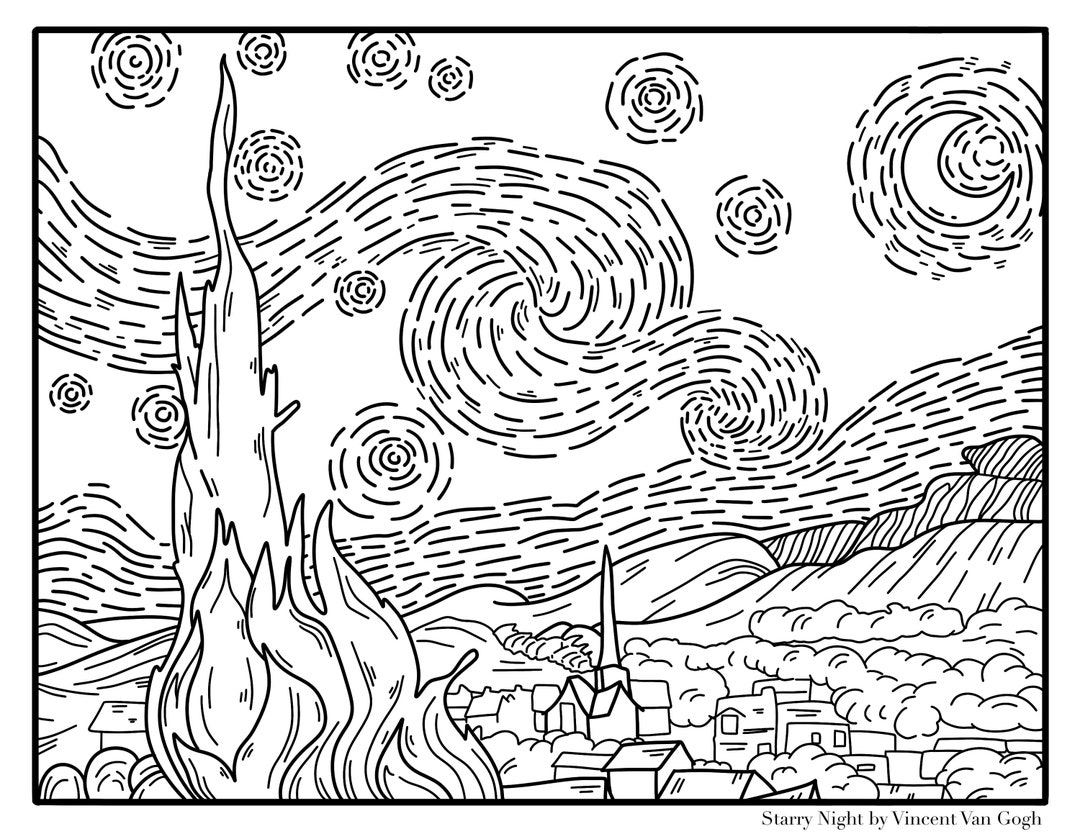 Starry Night by Vincent Van Gogh Adult Coloring Page Digital - Etsy